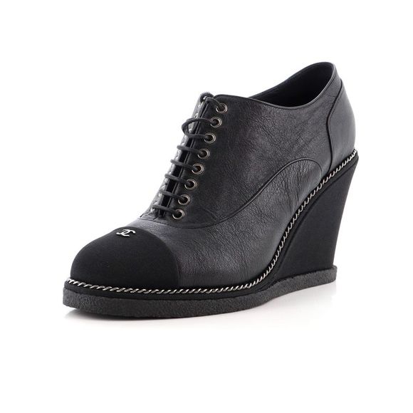 CHANEL | Shoes | Chanel Womens Womens Cc Cap Toe Wedges Leather Black ...